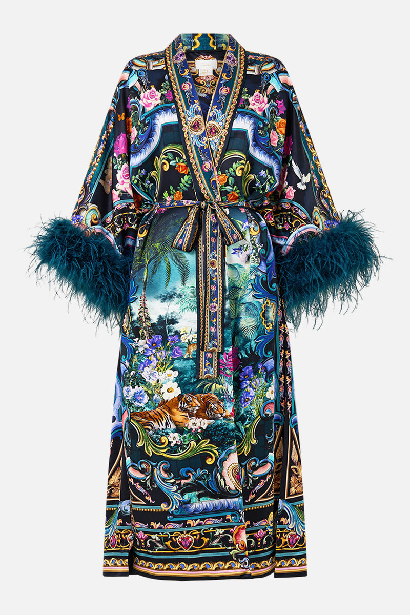 The Basked In Baroque Long Robe With Narrow Collar And Feathers ...