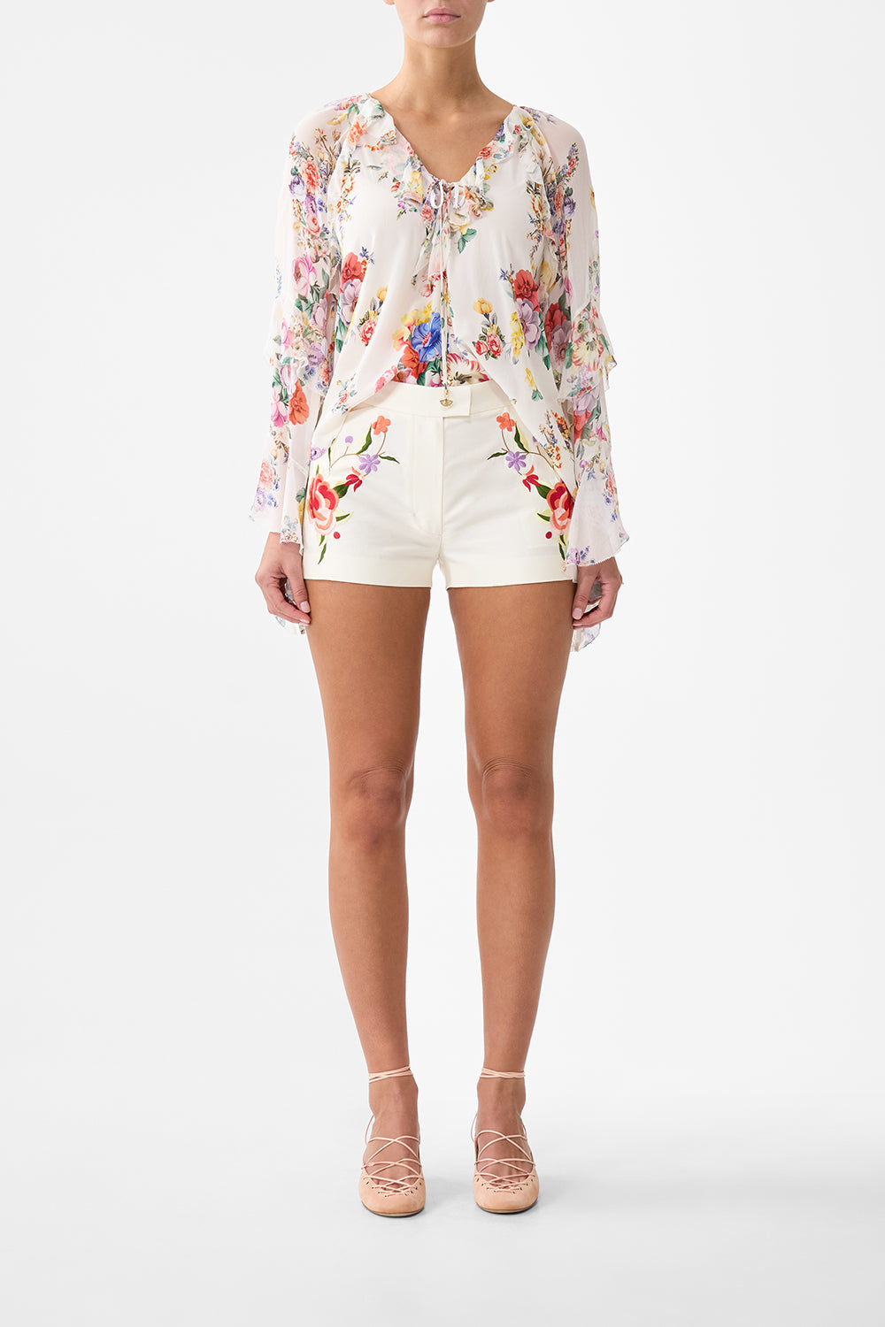 The I Left My Heart In Granada Lace Up V Neck Blouse With Cascade ...